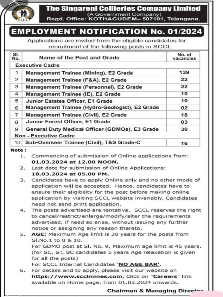 SCCL Management Trainee Recruitment 2024 | PDF