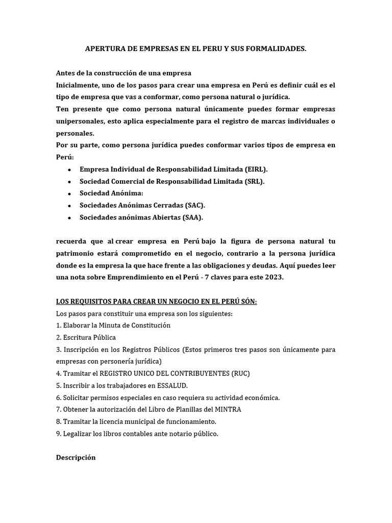 Apertura de Empresas en El Peru y Sus Formalidades | PDF | Documento de ...