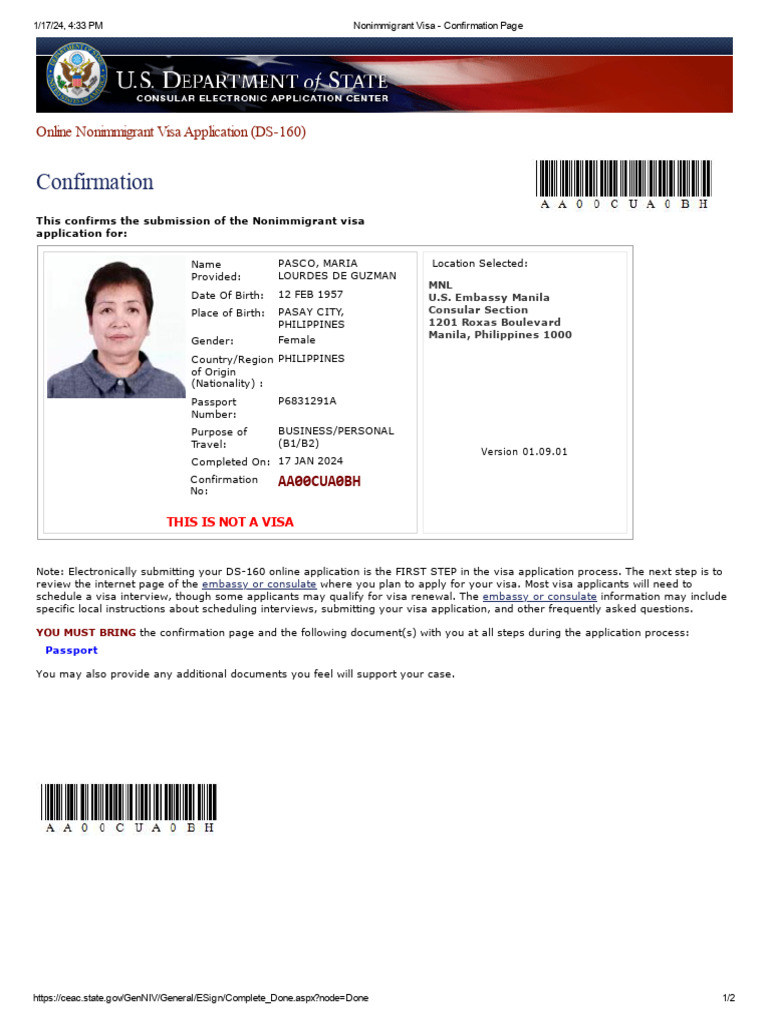 Nonimmigrant Visa - Confirmation Page MA LOURDES PASCO | PDF | Travel Visa | Fingerprint