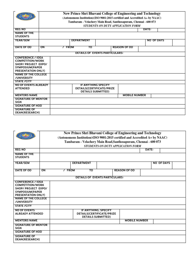 Student On Duty Application Form | PDF