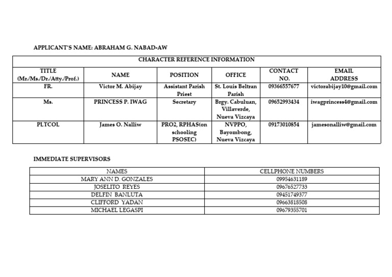 Character Reference Info Sheet | PDF