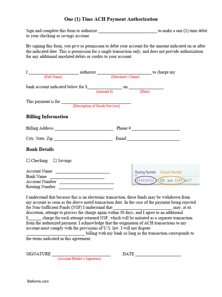 1 Time ACH Payment Authorization Form | PDF | Business | Finance & Money Management
