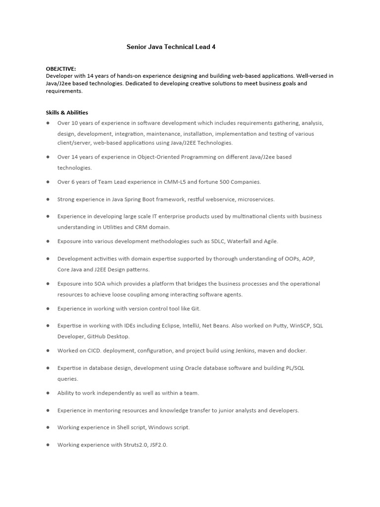 Senior Java Technical Lead 2 | PDF | Java (Programming Language) | Databases