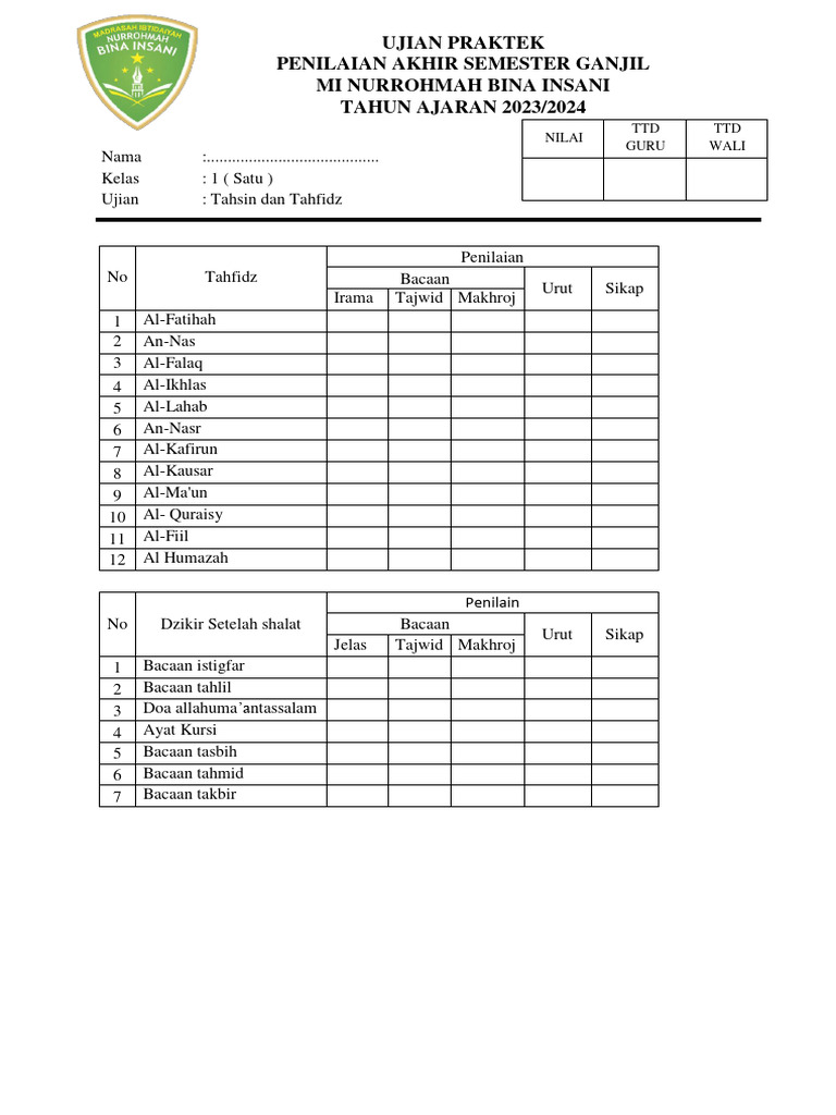 PAS I UJIAN PRAKTEK Tahsin Tahfidz KELAS 1 TA 2023-2024. | PDF