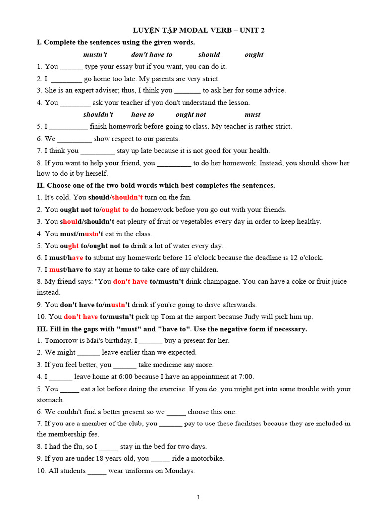 LUYỆN TẬP MODAL VERB UNIT 2 THỨ 6 7 - HS | PDF