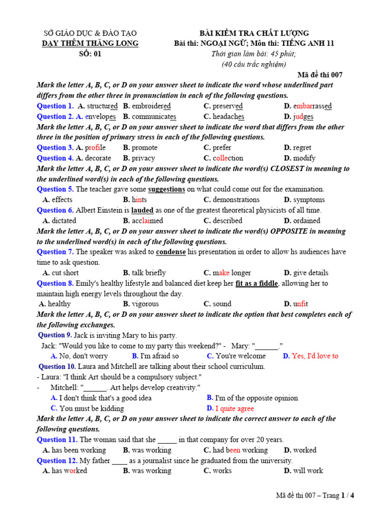 English Test for 11th Grade Students | PDF | Art