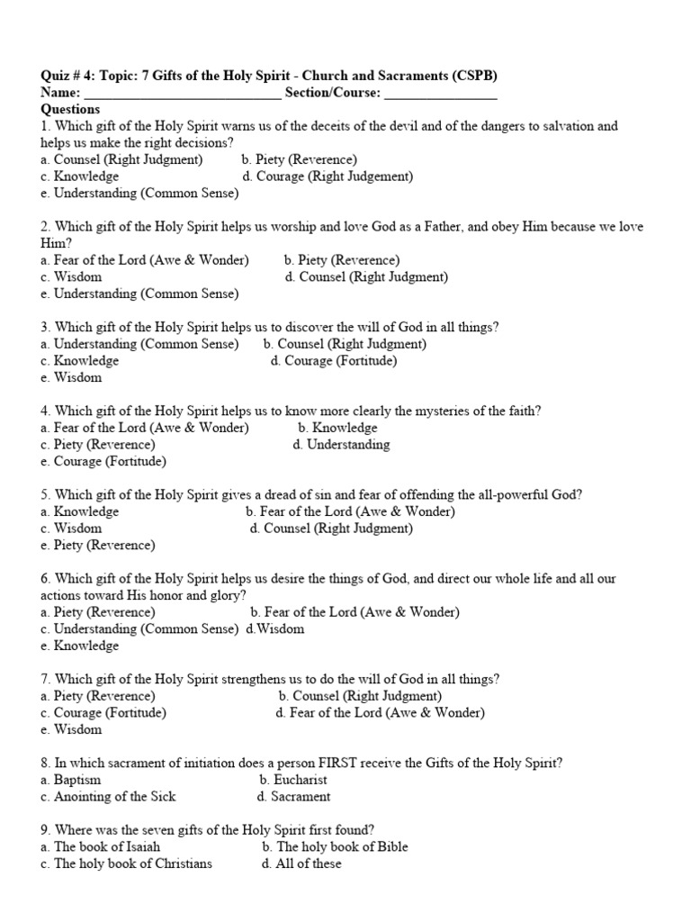 QUIZ 4 QUESTIONS Church Sacraments CSPB | PDF | Religious Belief And ...