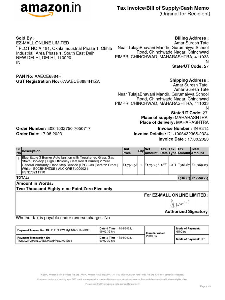 Gas Stove invoice | PDF | Invoice | Economies