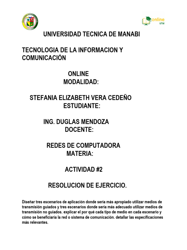 Act#2-Resolución de Problema - REDES DE COMPUTADORAS | PDF | Medio de transmision | Cable coaxial