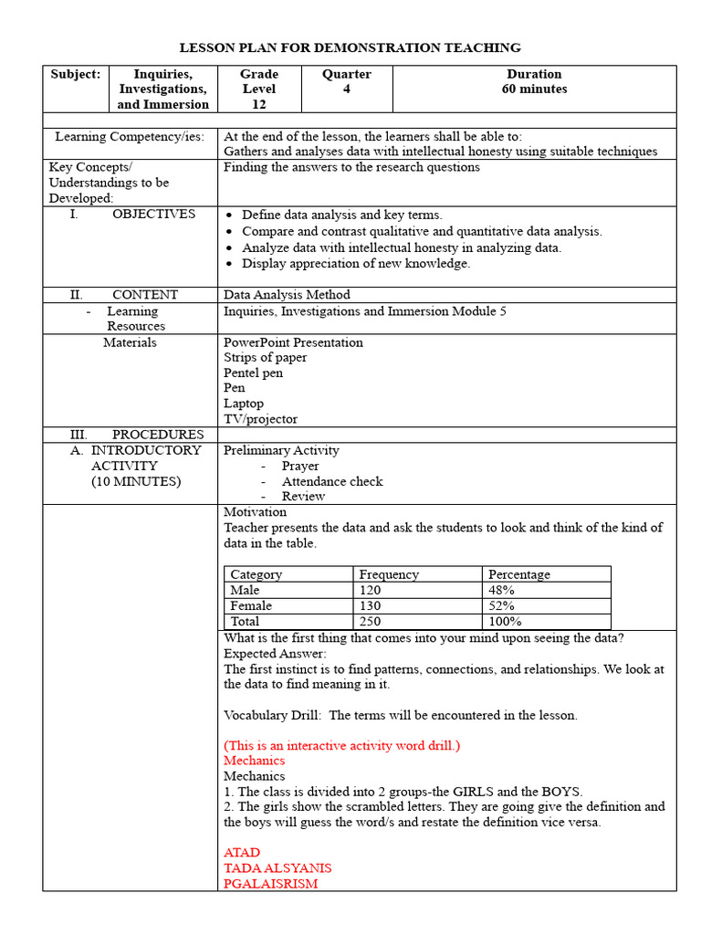 Lesson Plan For Demonstration Teaching | PDF | Data | Data Analysis