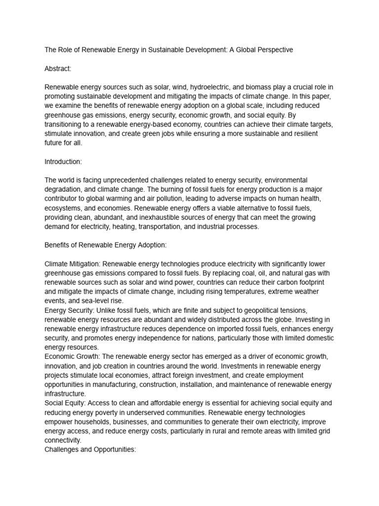 The Role of Renewable Energy in Sustainable Development - A Global ...