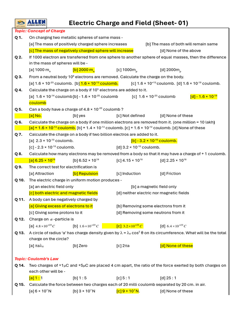 Electric Charge and Field Sheet_01_AnswerKey(Bipin Sir) | PDF ...