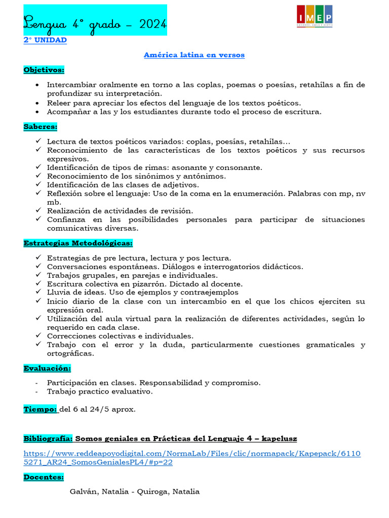 Unidad N° 2 - LENGUA - 4° Grado - 2024 | PDF | Poesía | Rima