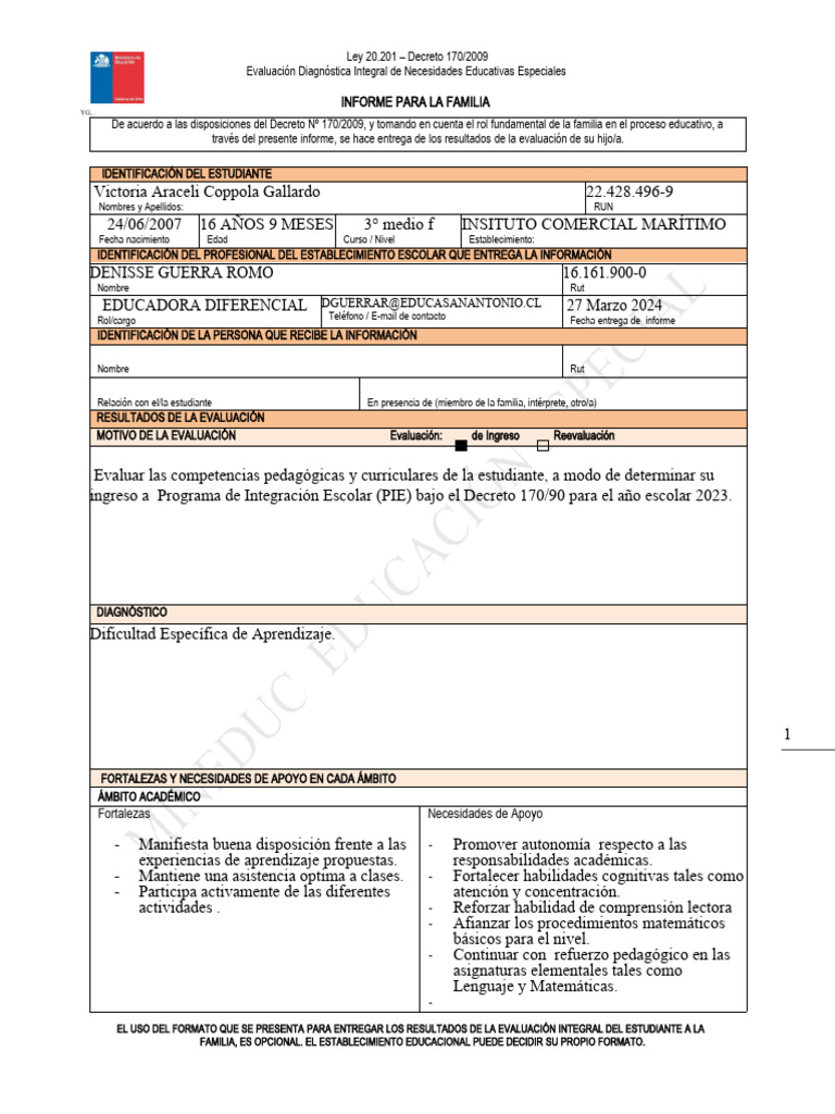Informe a la familia VICTORIA COPPOLA | PDF | Evaluación | Aprendizaje