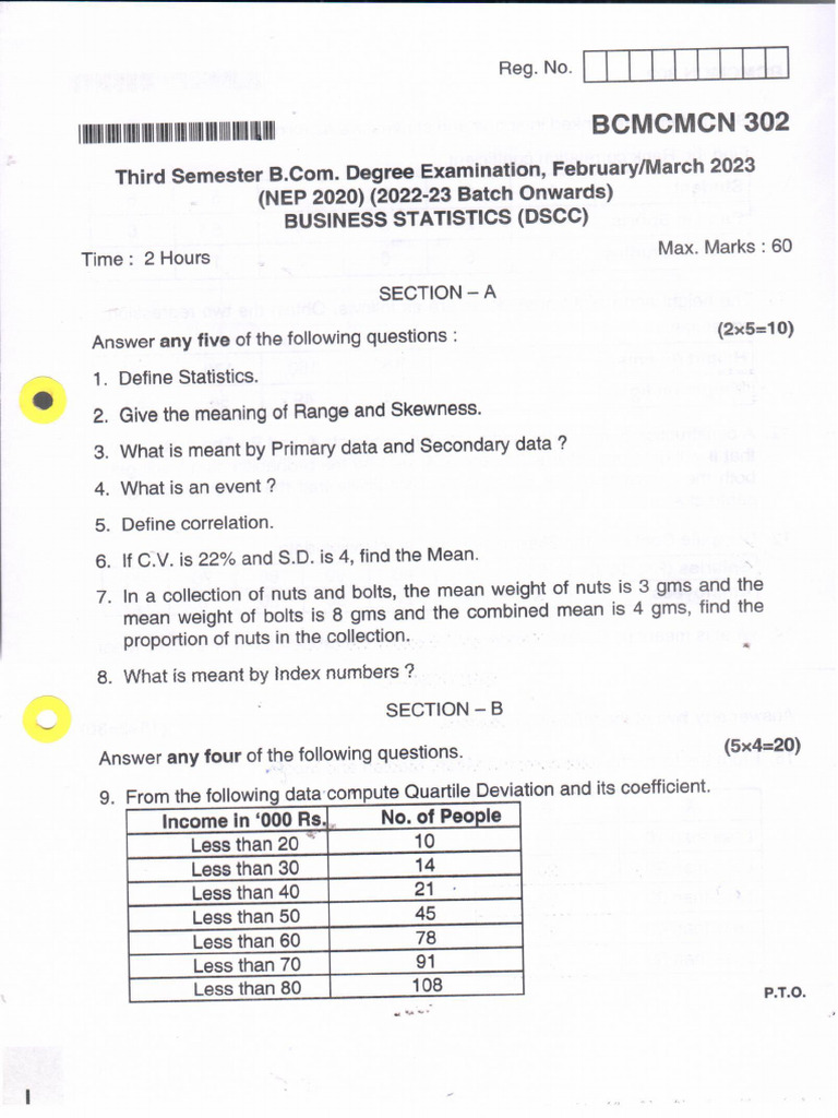 BCOM III Semester Business Statistics NEP Feb 2023 | PDF