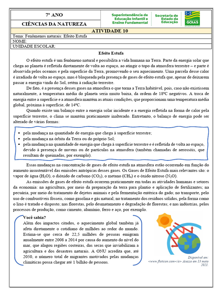 Atividade 10 7o Ano CIE Fenomenos Naturais Efeito Estufa | PDF | Gás de ... Atividade 10 7o Ano CIE Fenomenos Naturais Efeito Estufa | PDF | Gás de ...