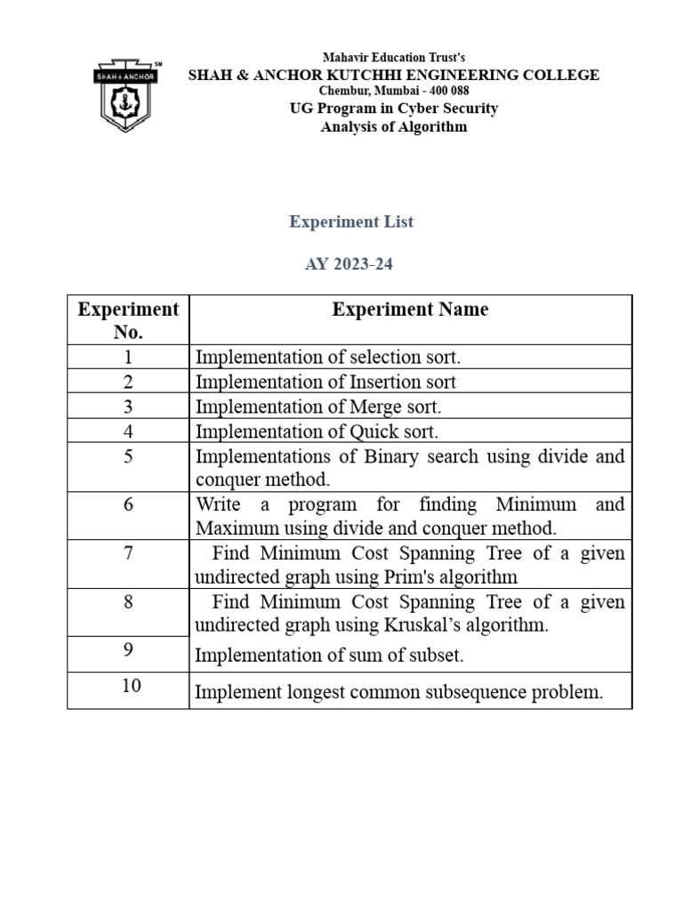 Experiment List and Viva Question (AOA) | PDF | Time Complexity | Dynamic Programming