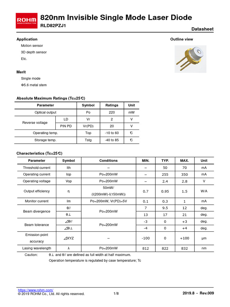 820nm Invisible Single Mode Laser Diode: RLD82PZJ1 Datasheet | PDF ...