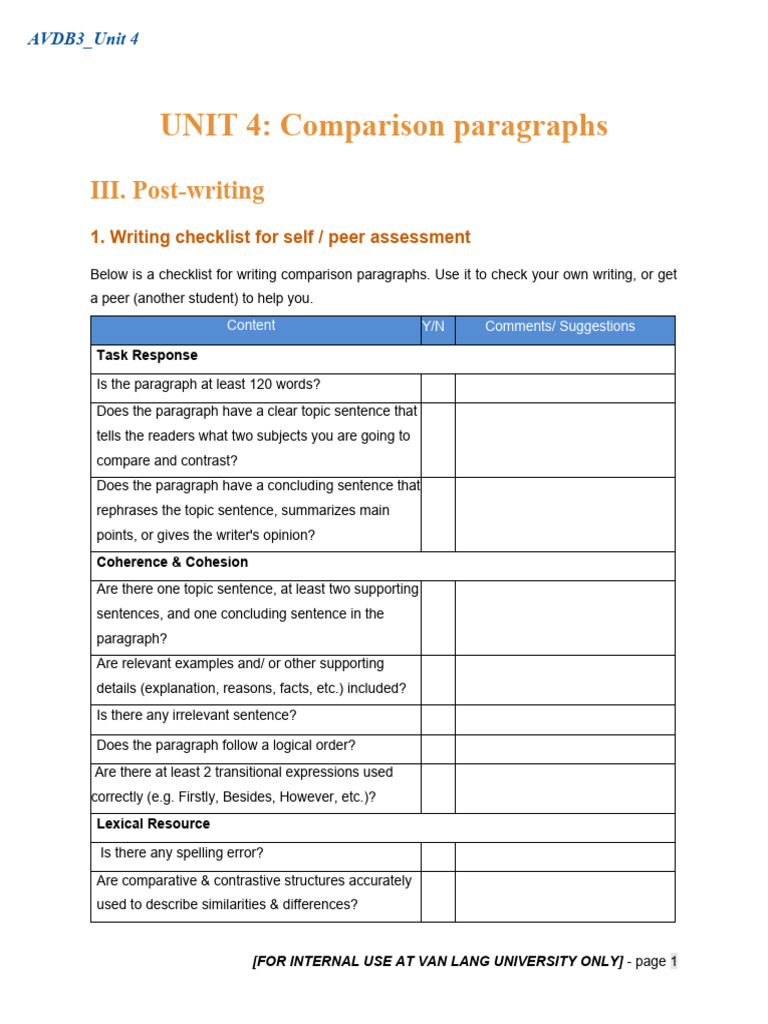 U4. Writing - Comparison Paragraph - AL | PDF | Paragraph | Sentence ...