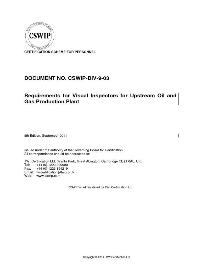 Cswip Div 9 03 Visual Inspectors For Upstream Oil and Gas Production ...
