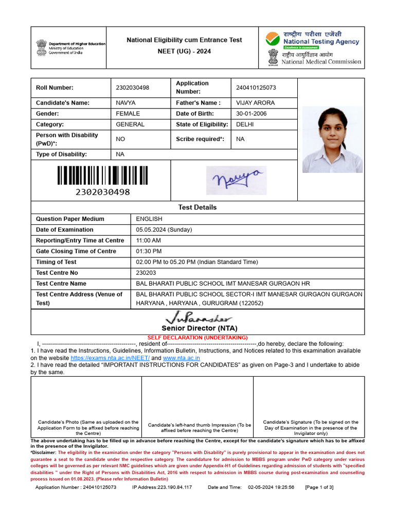 NEET 2024 Admit Card Details | PDF | Identity Document