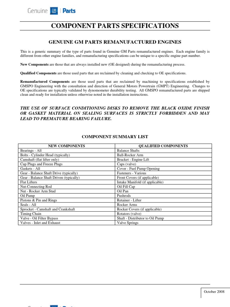 Genuine GM Parts Re Manufactured Engines Component Parts Specifications ...