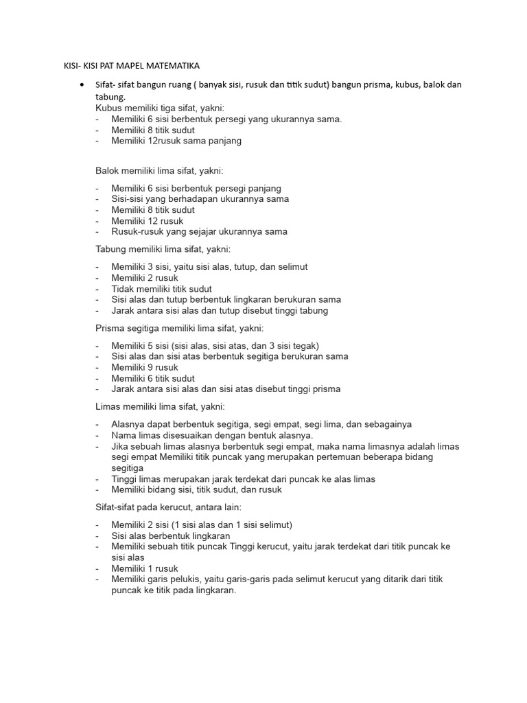 Kisi Kisi Pat Mapel MTK-1 | PDF | Metode & Bahan Ajar