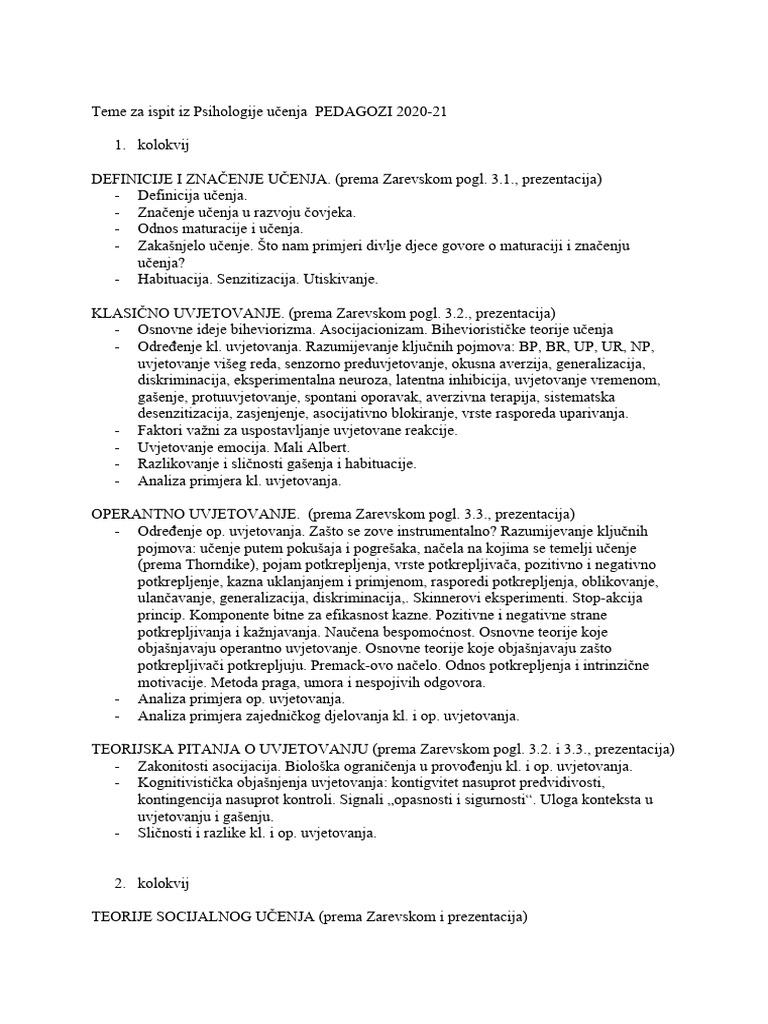 Teme Za Ispit Iz Psih Učenja Ped 2020-2021 | PDF