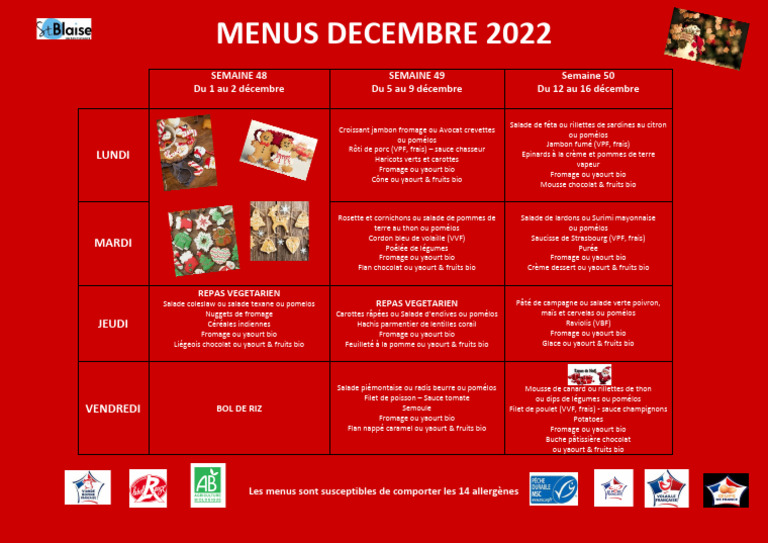 Menus de décembre 2022 : Semaine 48 à 50 | PDF | Fruit | sauce