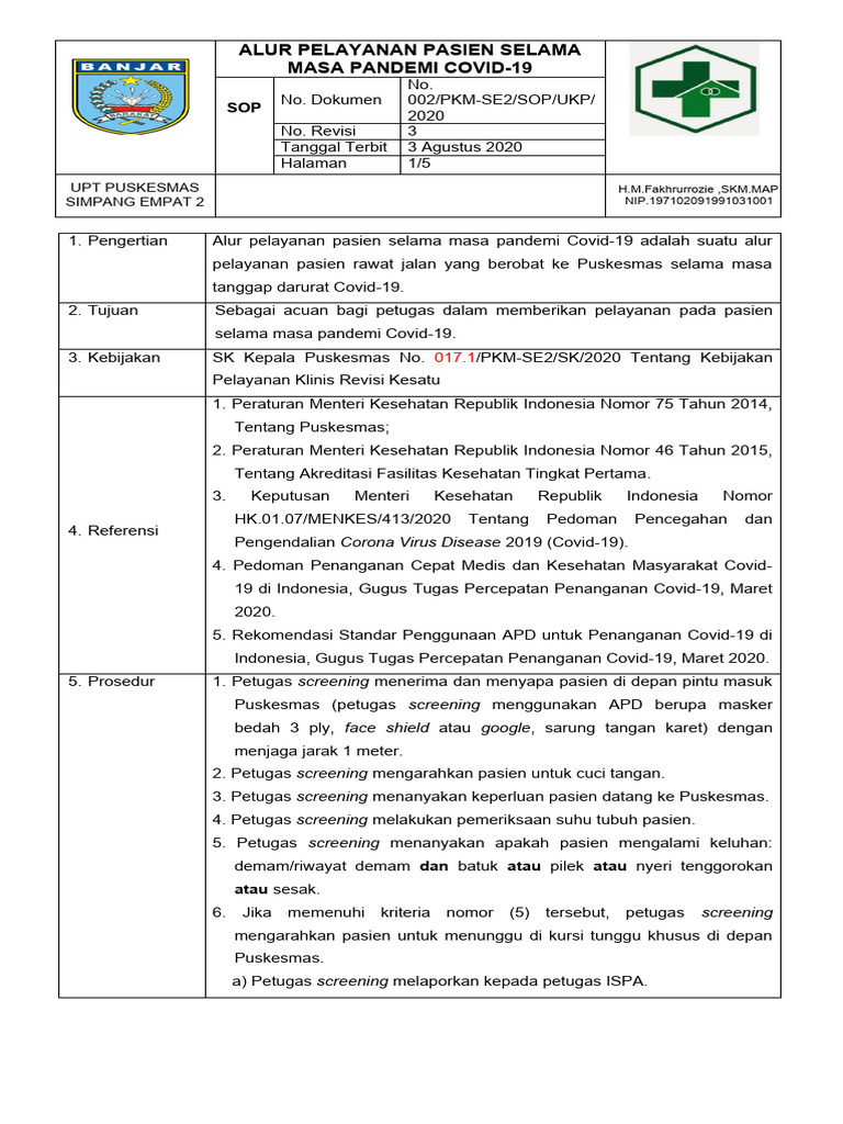 7.1.4.1.n. SOP Alur Pelayanan Pasien Selama Masa Pandemi Covid-19 Rev.1 (Rev Agustus 2020) | PDF ...