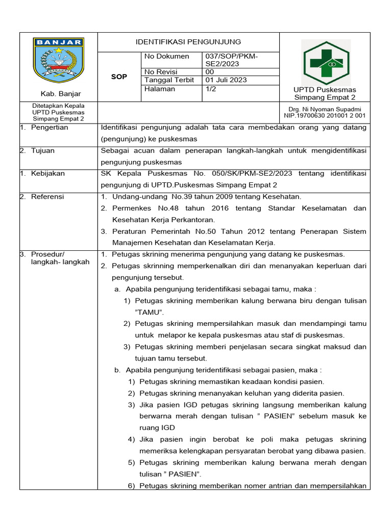 SOP Identifikasi Pengunjung Puskesmas | PDF