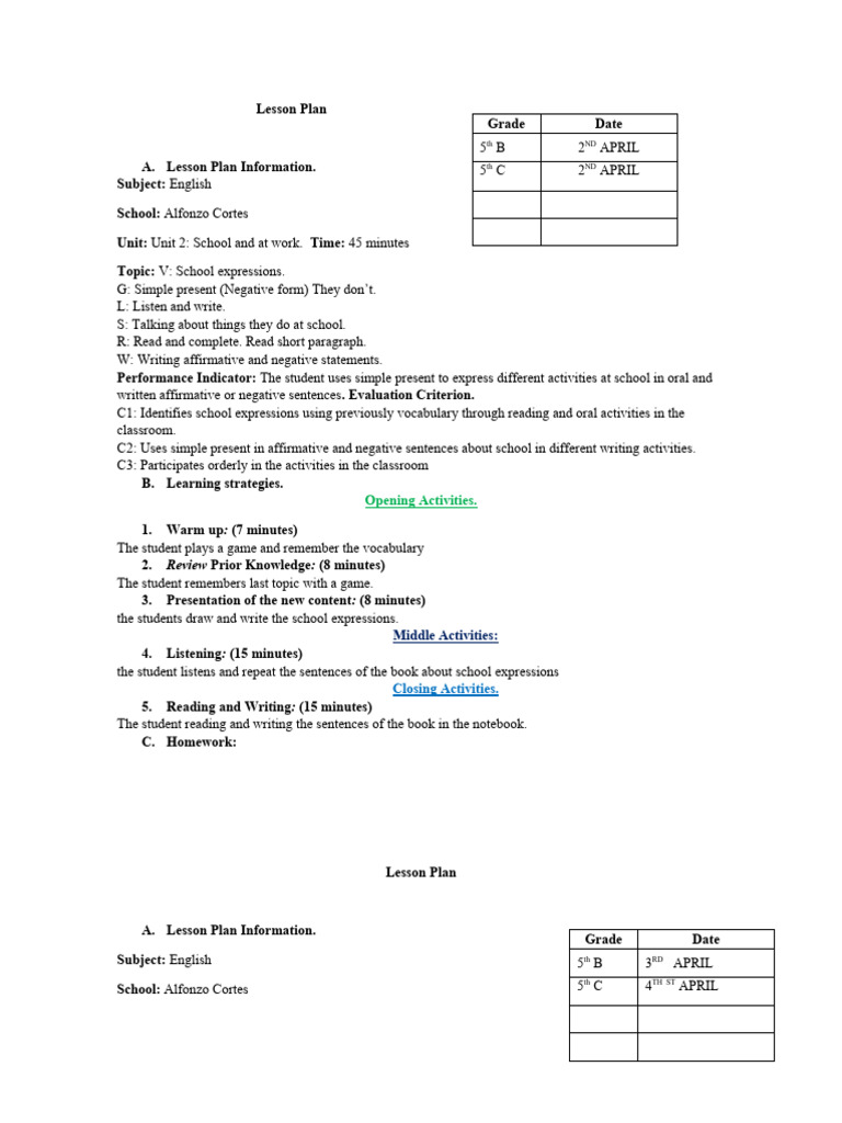 Week1 5thgrade April | PDF | Lesson Plan | Vocabulary