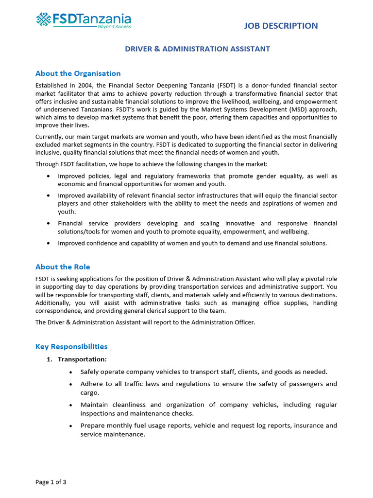 Driver & Admin Assistant Job Overview | PDF | Goal | Empowerment
