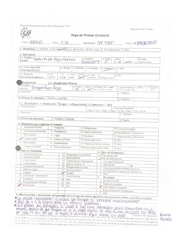 Hoja de Primer Contacto | PDF