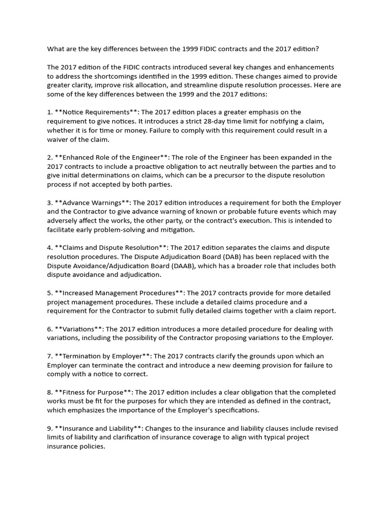 1999 Vs 2017 Fidic Contract Changes Pdf Employment Insurance