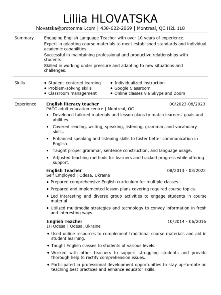 Liliia Hlovatska Resume ESL | PDF | English As A Second Or Foreign ...