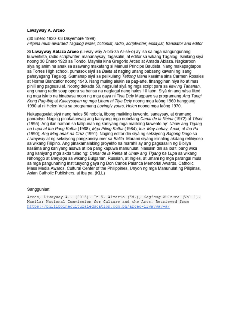 LIWAYWAY ARCEO - TALAMBUHAY 02 | PDF