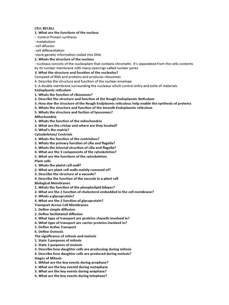 Cell Recall- Answers | PDF | Meiosis | Mitosis