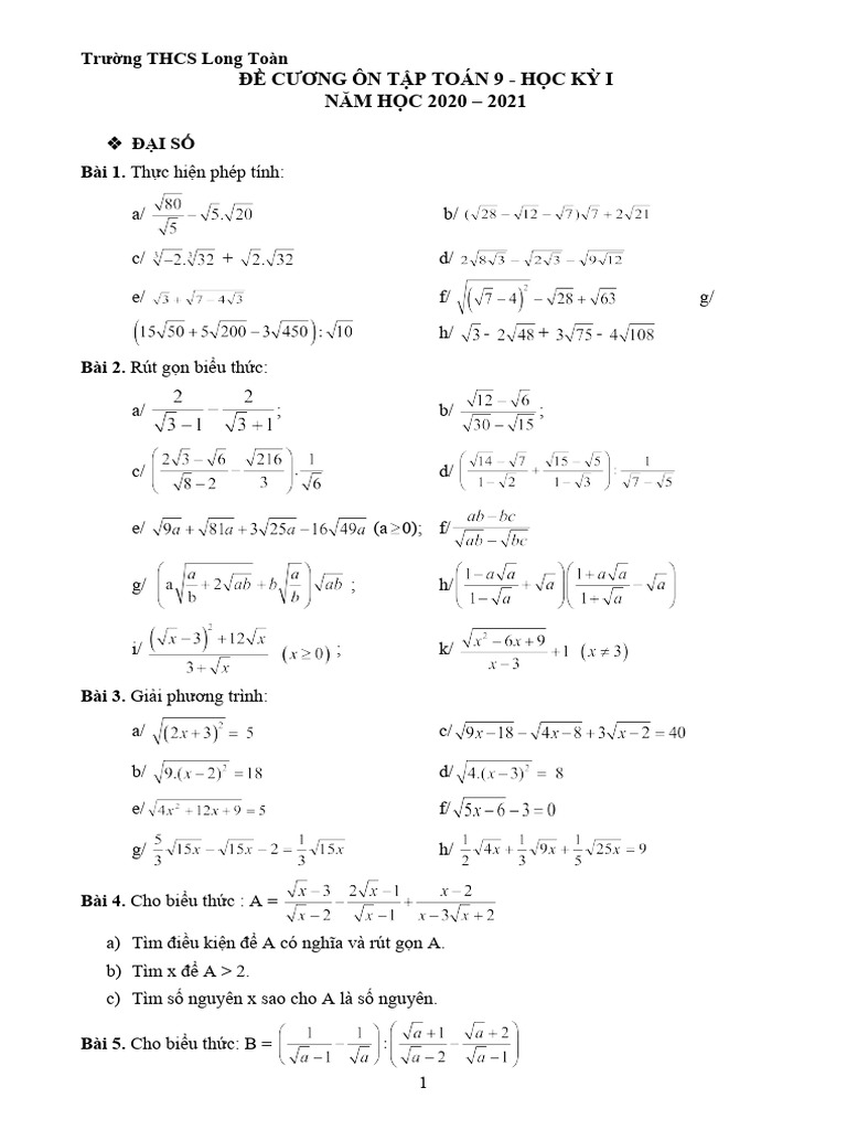 De Cuong On Tap Hki Toan 9 NH 2020 2021 | PDF