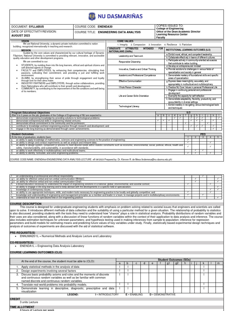 Engineering Data Analysis Syllabus | PDF | Statistics | Engineering