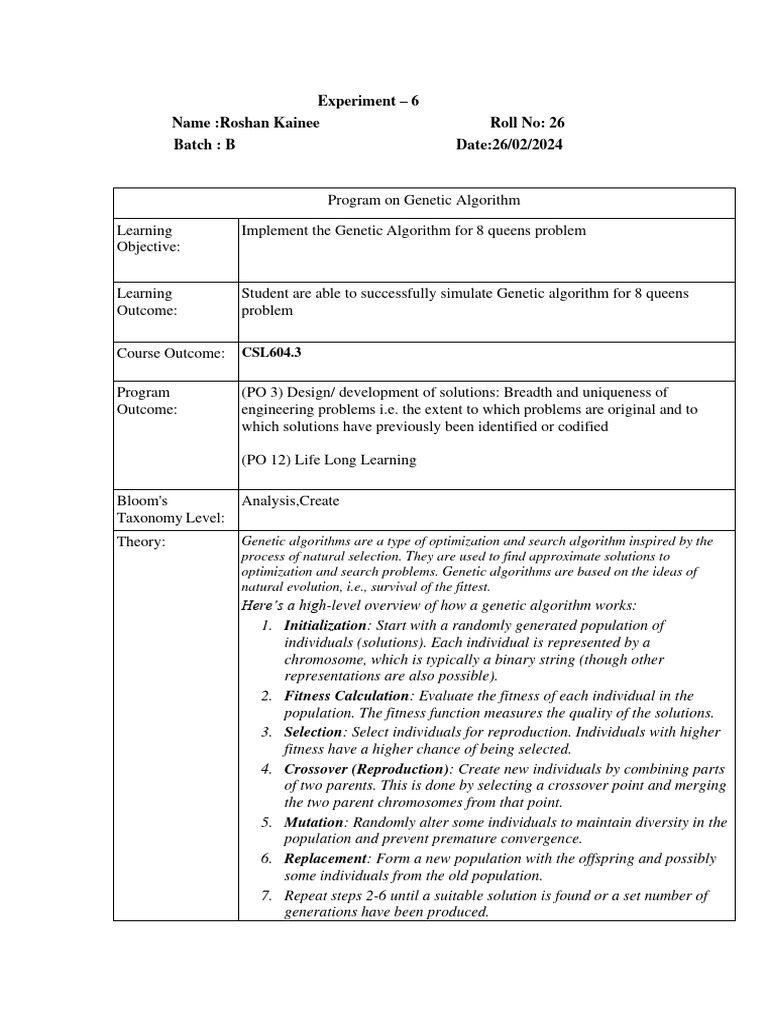 61_Shruti_Exp6_AI | PDF | Genetic Algorithm | Algorithms And Data Structures