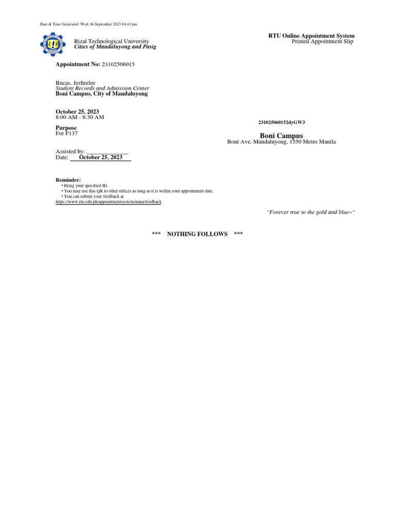 RTU Appointment Slip for F137 | PDF