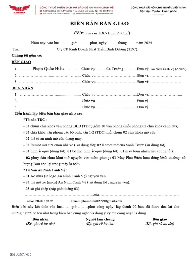 Bien Ban Ban Giao | PDF