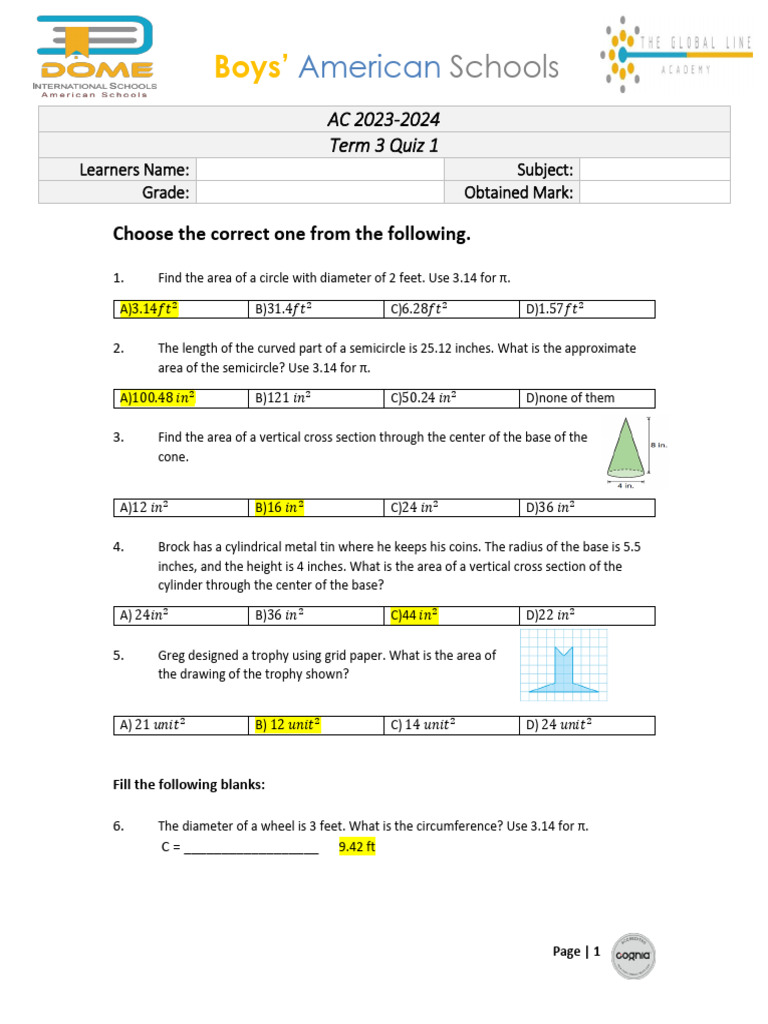 Geometry Quiz for Boys' Schools | PDF | Area | Elementary Geometry