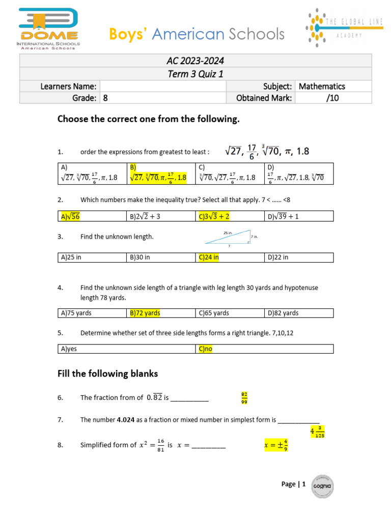 Grade 8 Quiz Term 3 (Ans) | Download Free PDF | Mathematics