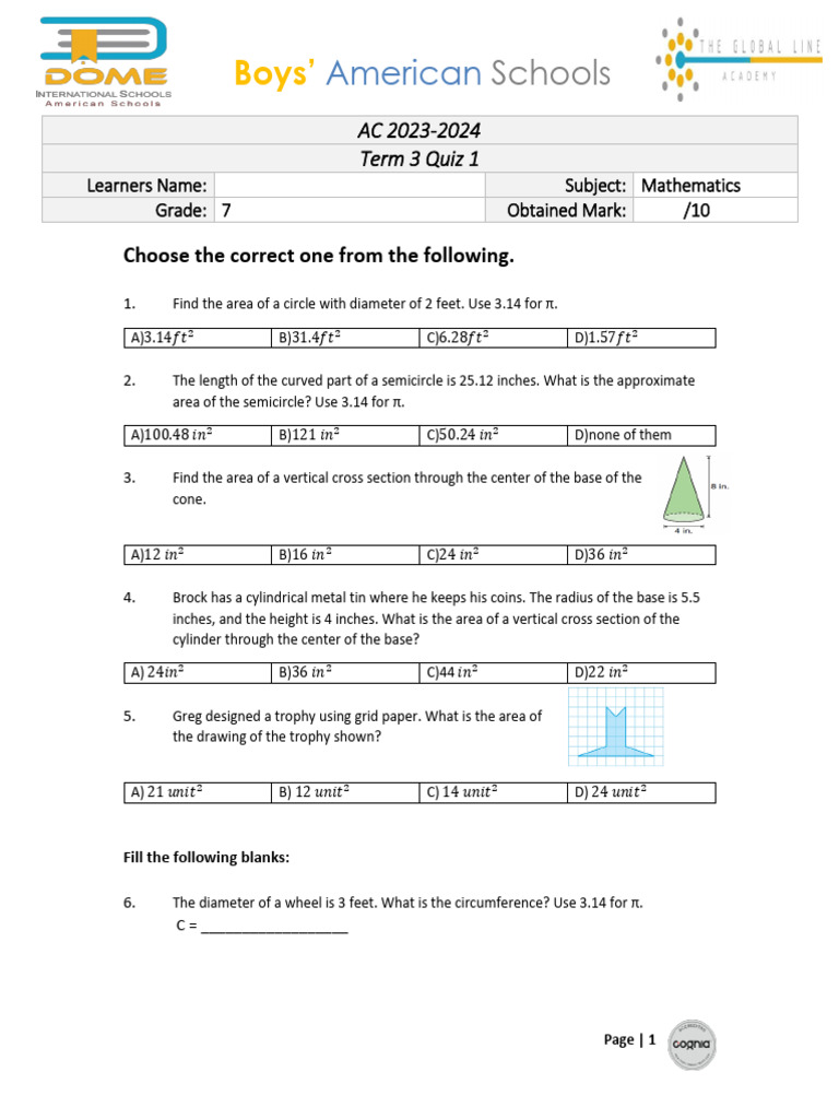 Grade 7 Quiz Term 3 | PDF | Area | Geometric Objects