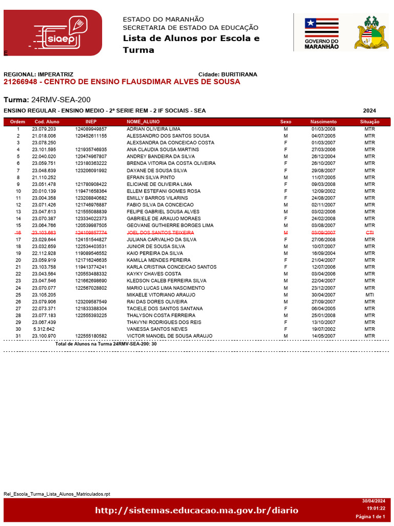 Codigo Dos Alunos - Turma 202 Vesp | PDF