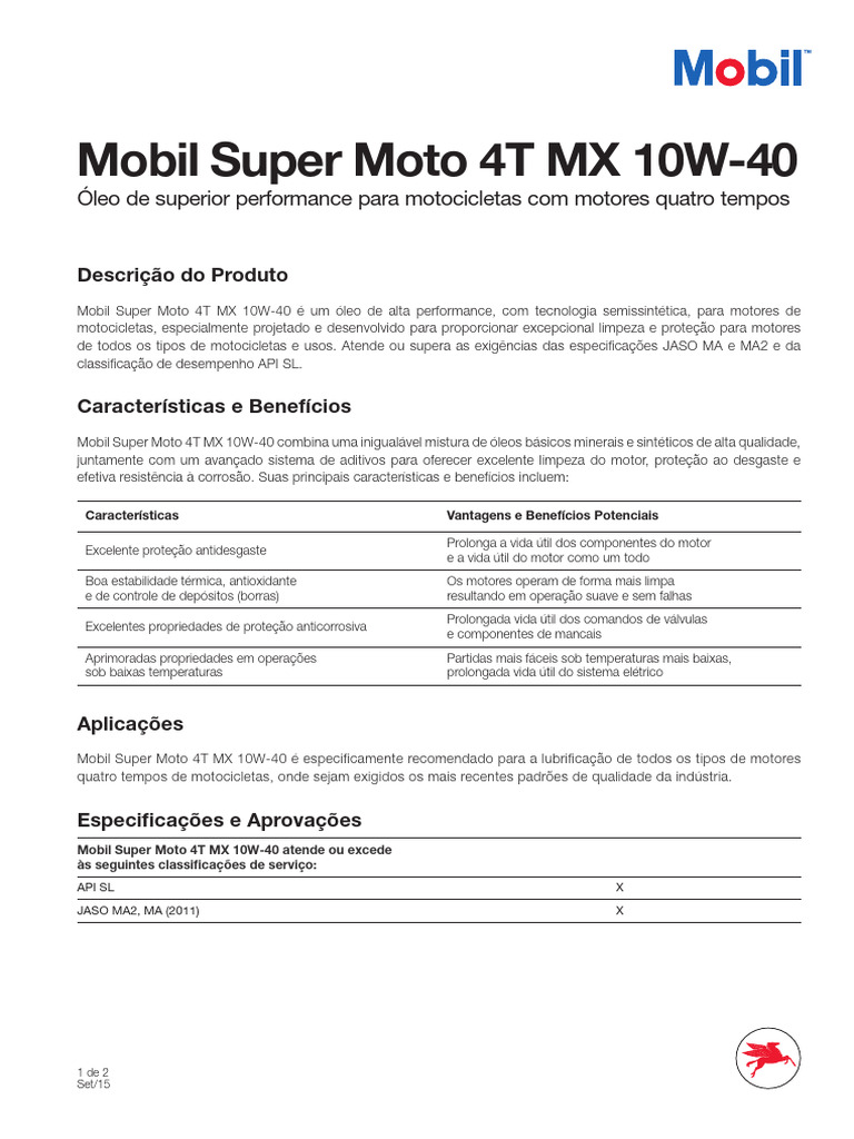 FICHA TECNICA - MOBIL Super Moto 4T MX 10W40 | PDF | Óleo de motor
