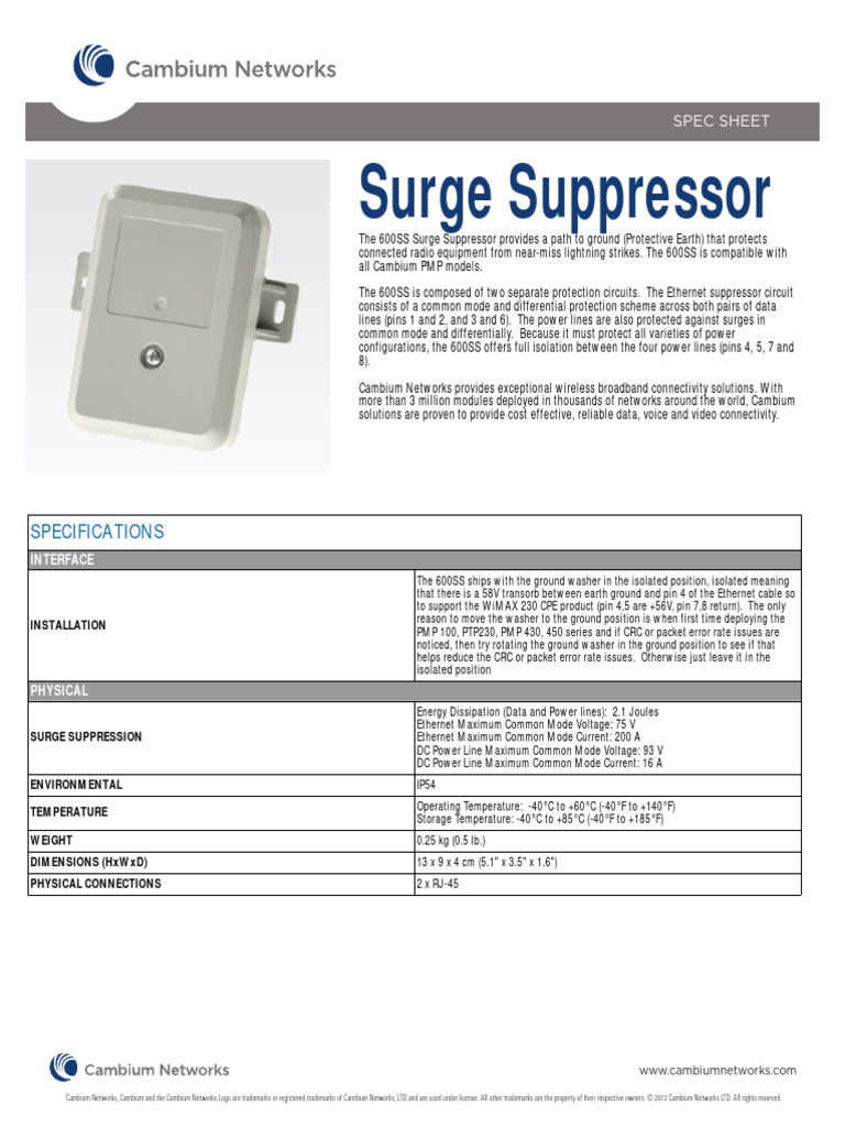 Cambium Networks Surge Suppressor Specification 600ssh Pdf Ethernet