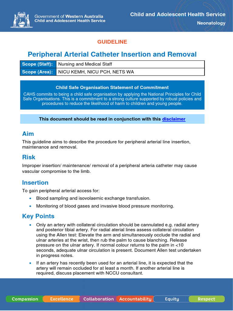 Peripheral Arterial Catheter Insertion and Removal | PDF | Neonatal ...